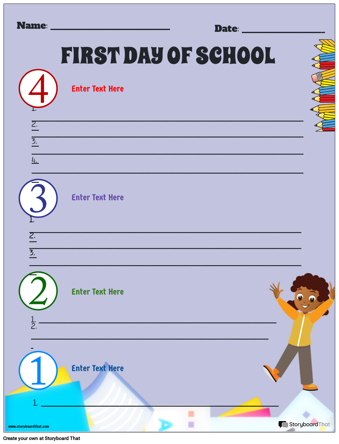 First Day of School Pencils Theme worksheet Storyboard