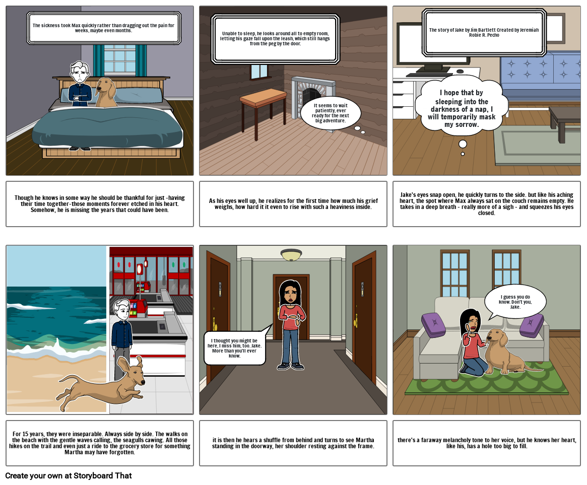 Make a comic strip about the story of Jake. Storyboard