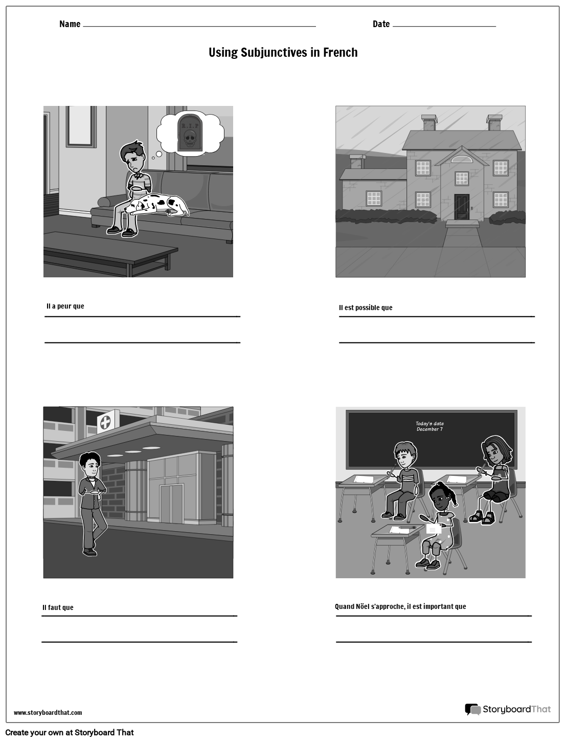 French Subjunctive Black and White Worksheet Storyboard