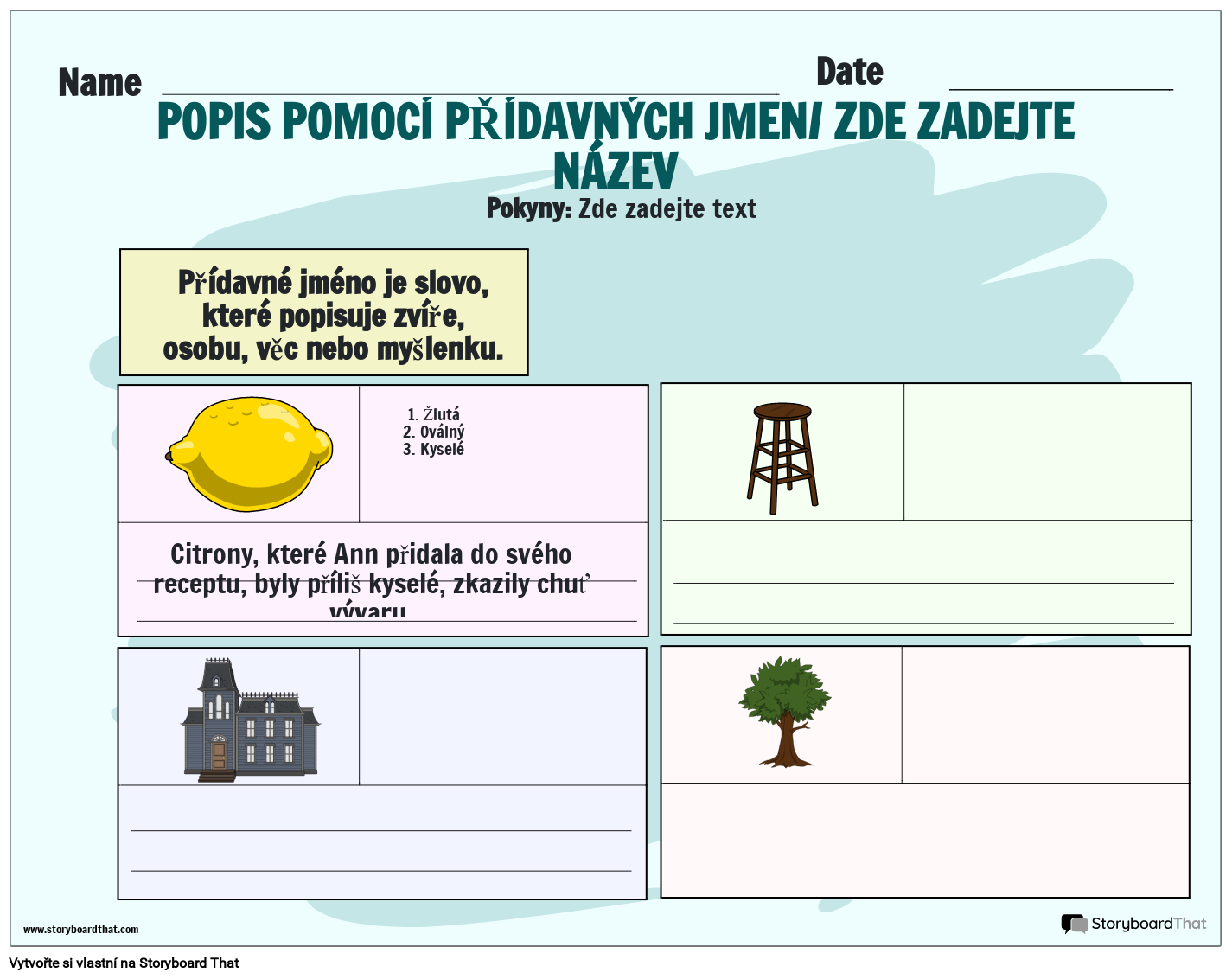 Použití přídavných jmen pro popis pracovního listu