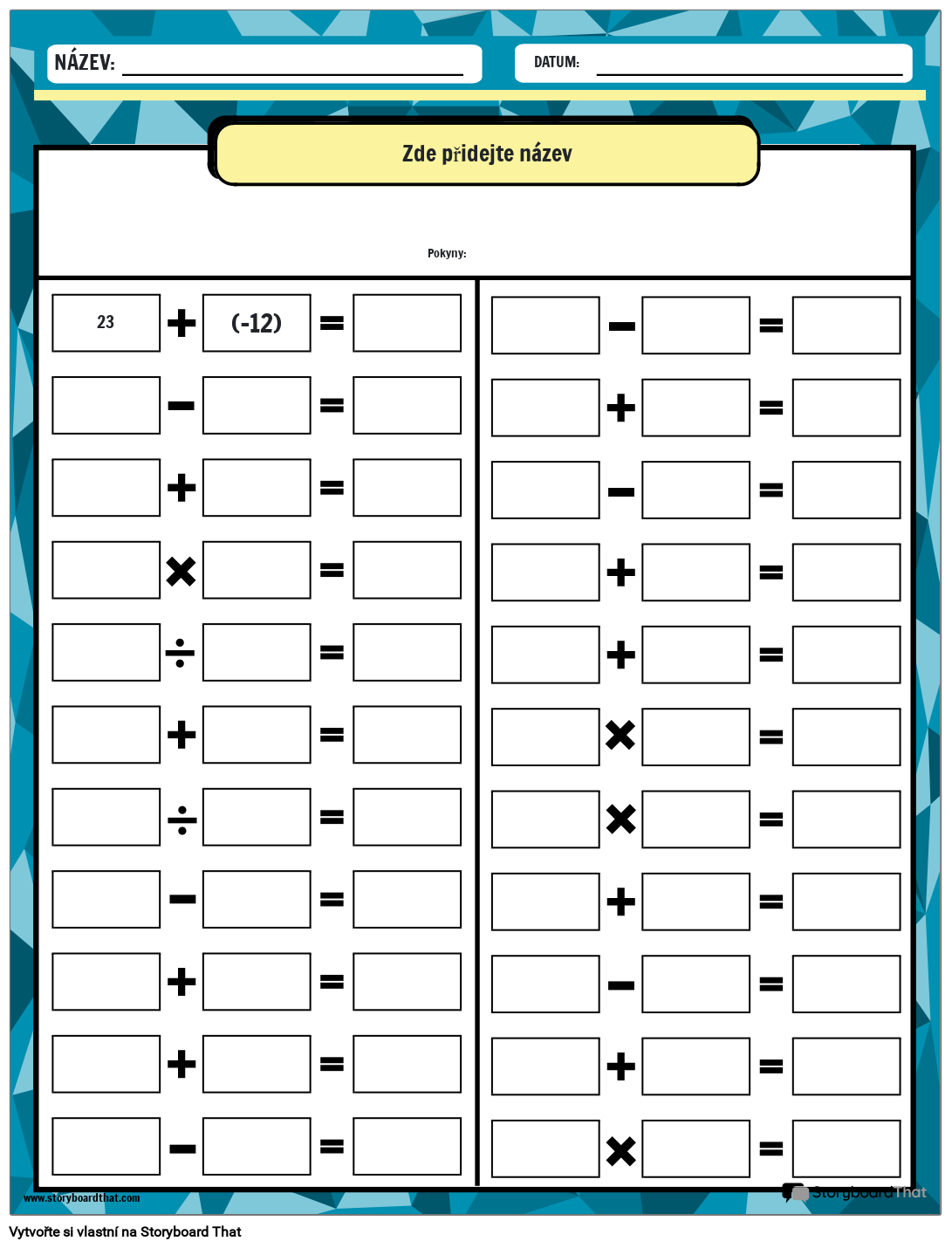 Pracovní list Smíšené operace Celá čísla Storyboard
