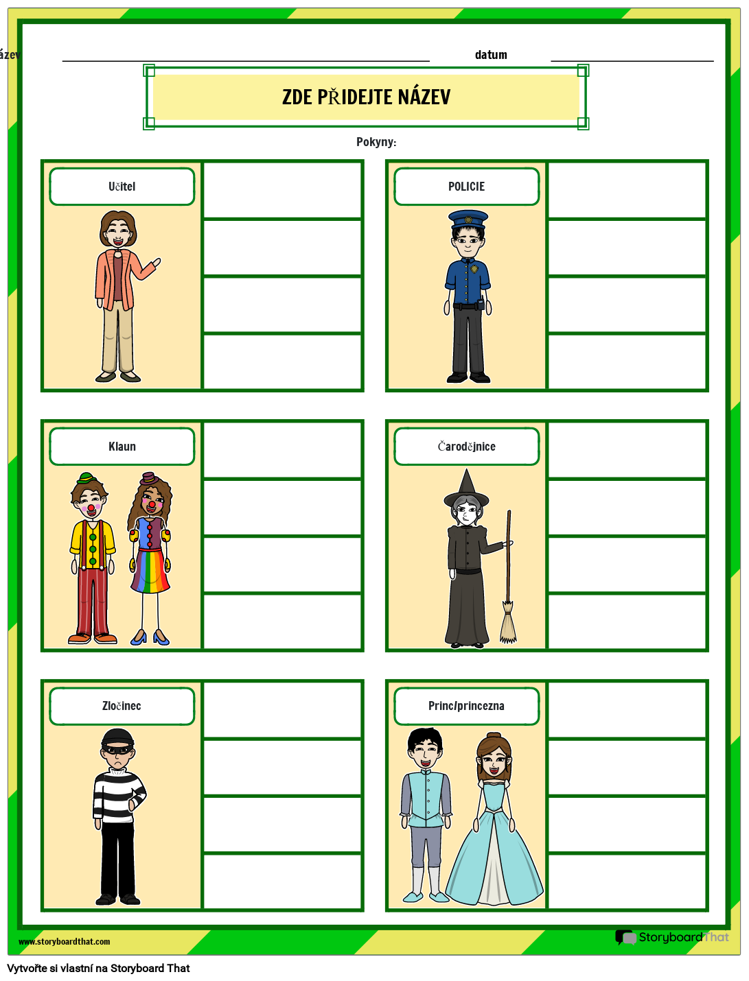 Společné postavy a jejich vlastnosti Storyboard