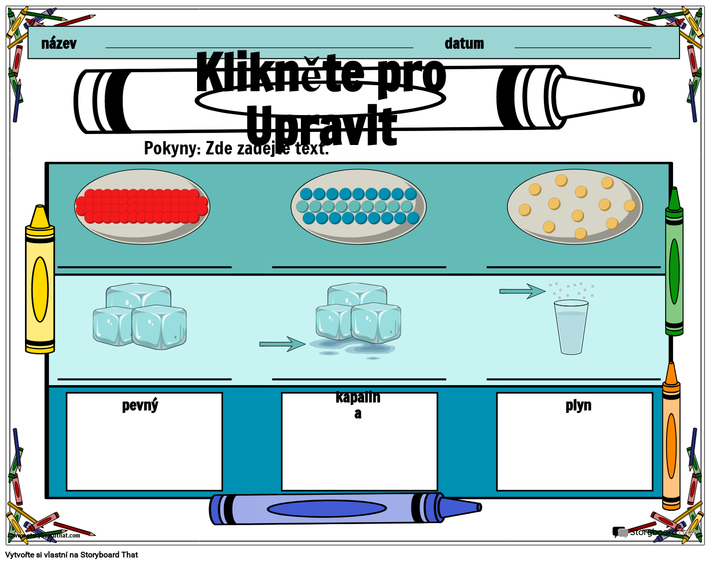 Stavy hmoty Pracovní list s pastelkami Storyboard