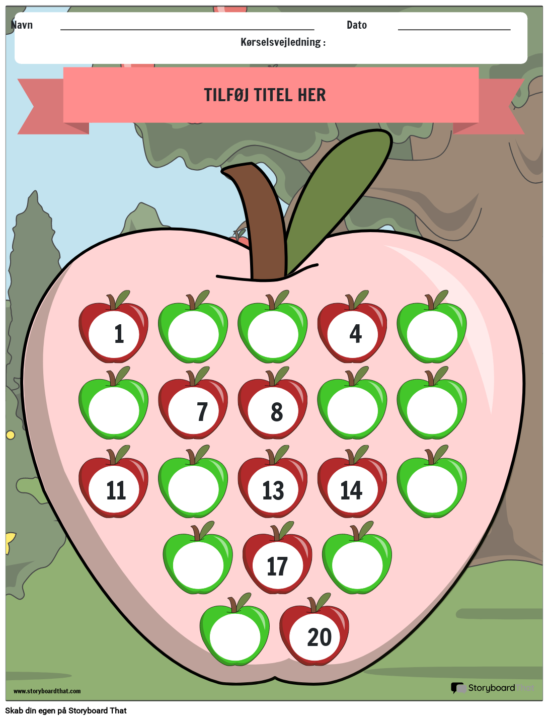 Apple-tema Missing Numbers-aktivitet fra 1-20