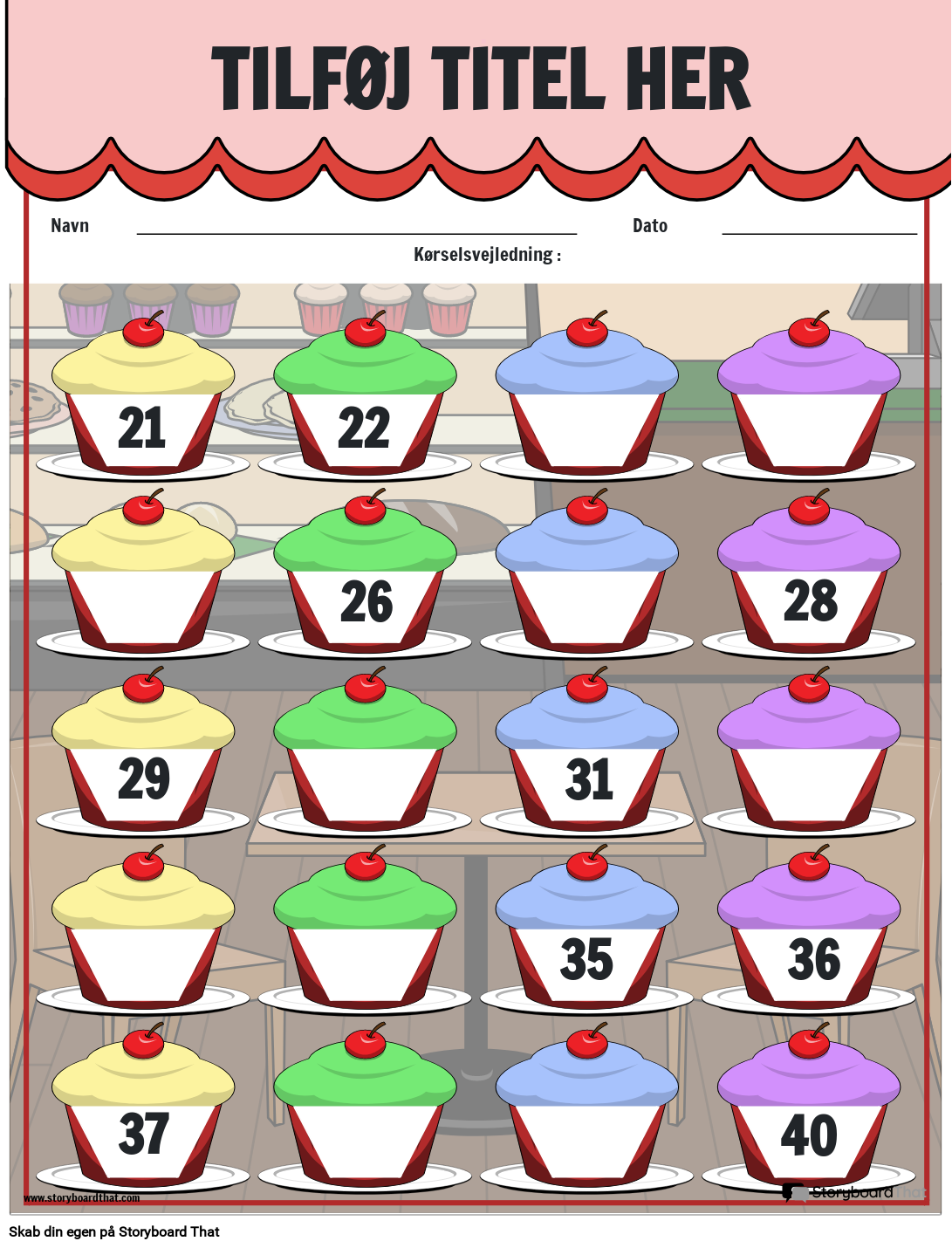 Bage-tema Missing Numbers-aktivitet fra 21-40