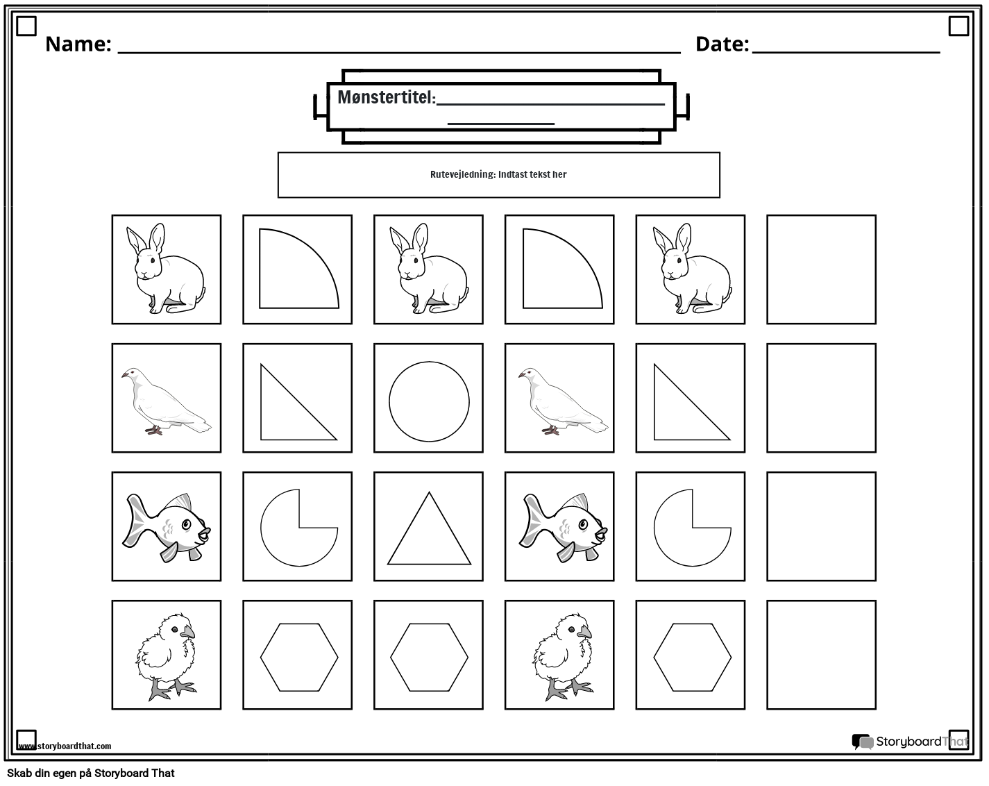 Dyr og figurer mønster regneark (sort og hvid)