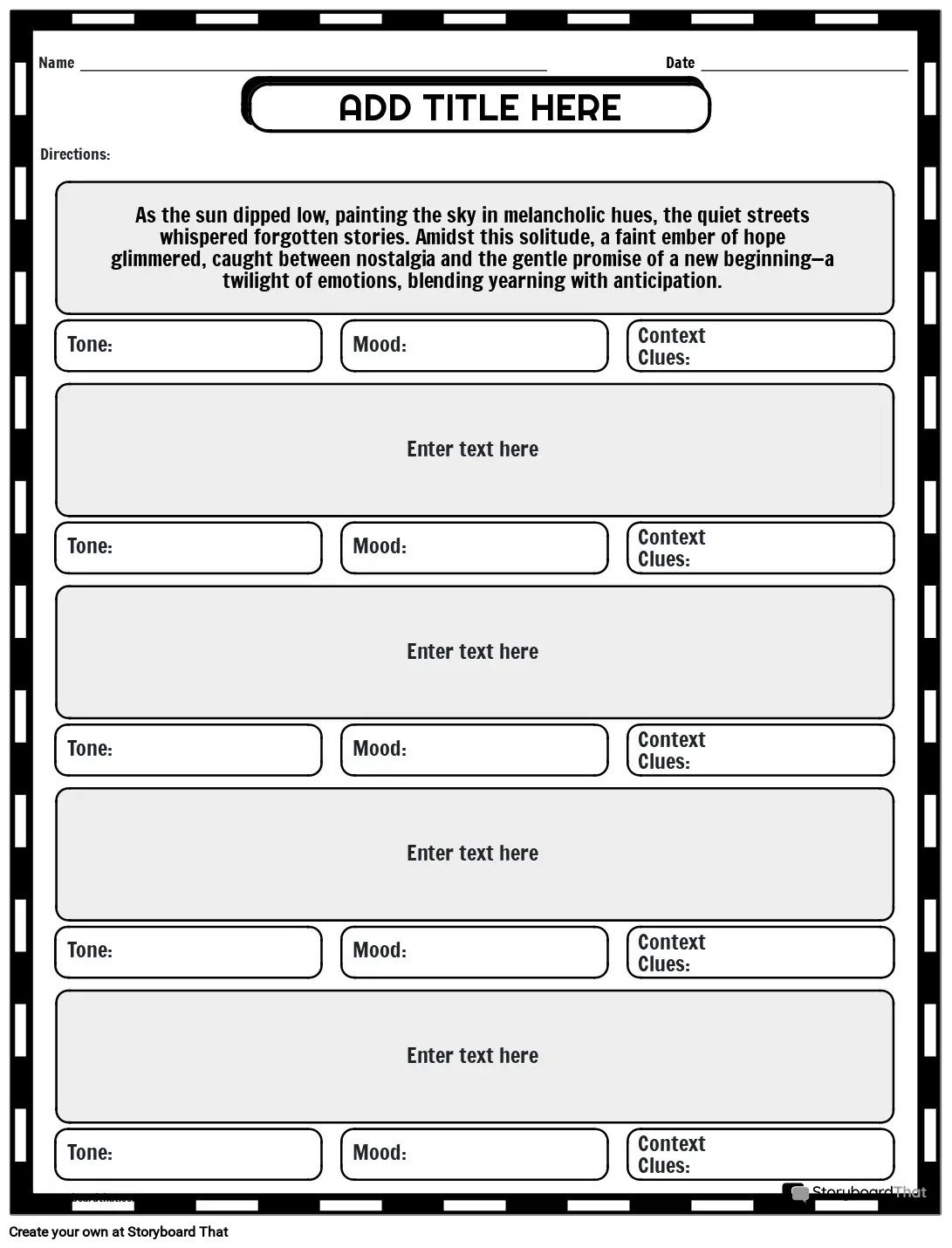 Skabelon til Arbejdsark for Stemning og Tone Storyboard Skabelon til Arbejdsark for Stemning og Tone Storyboard