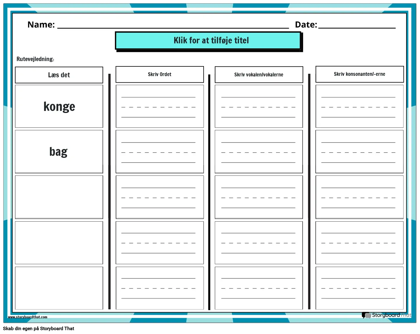 Skabelon til Skriveark til Vokaler og Konsonanter