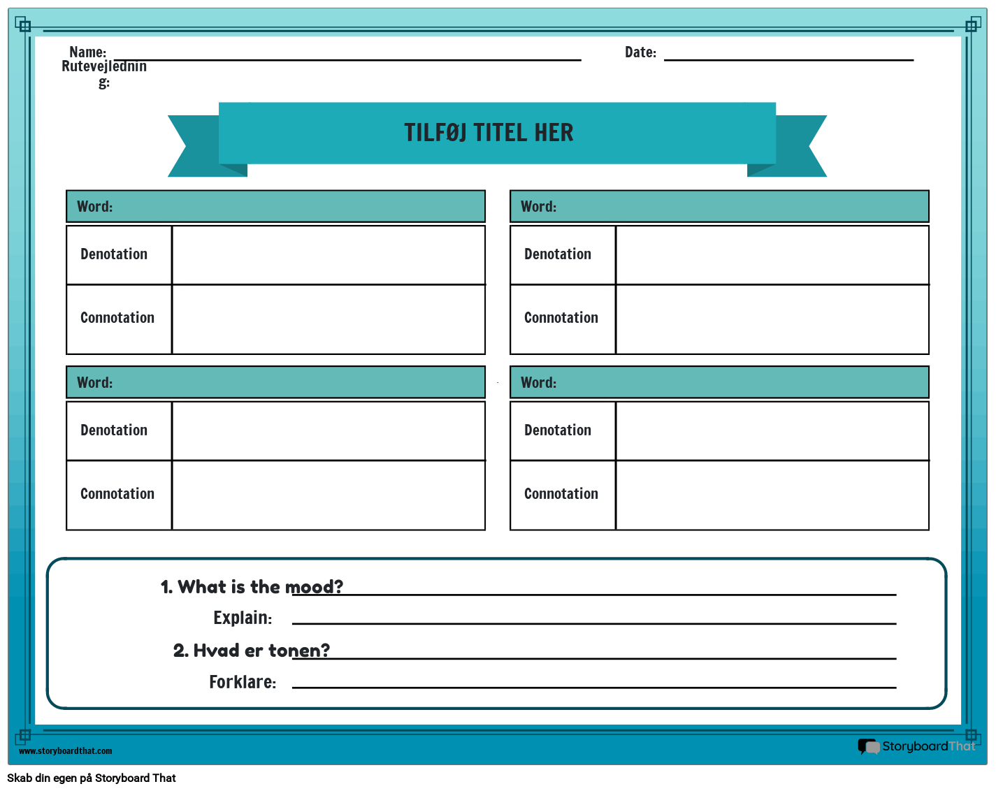 Stemning og Tone i Fiktion Arbejdsark Storyboard