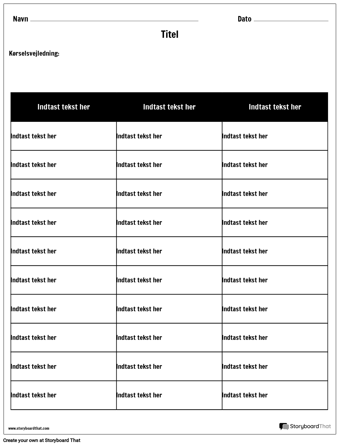 Tabel - 3 Kolonner, 10 Rækker Storyboard por da-examples