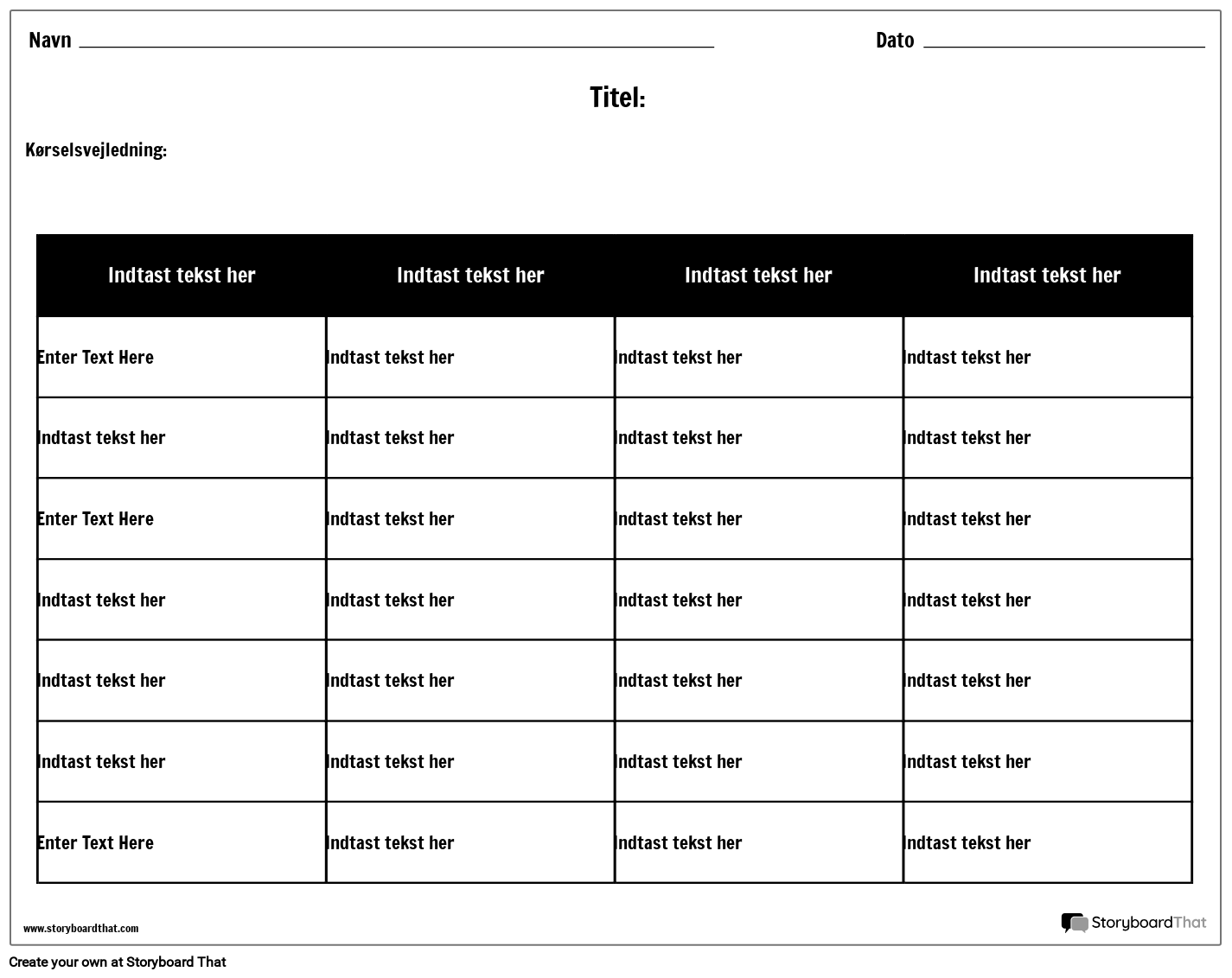 Tabel - 4 Kolonner, 7 Rækker Storyboard por da-examples