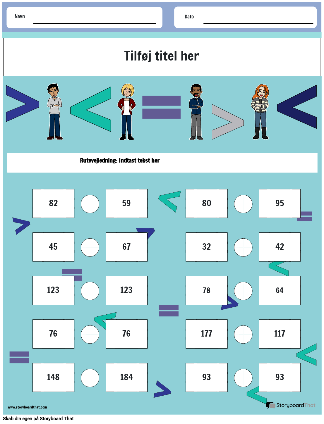 Udskriftsklart regneark til sammenligning af tal med tegn