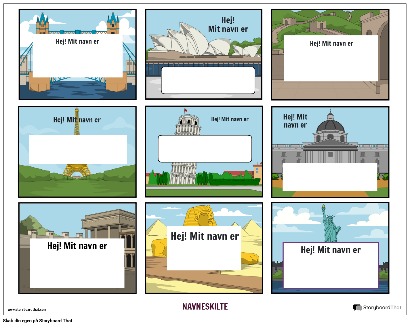 Udskrivbart Navneskilt med Rejsetema Storyboard