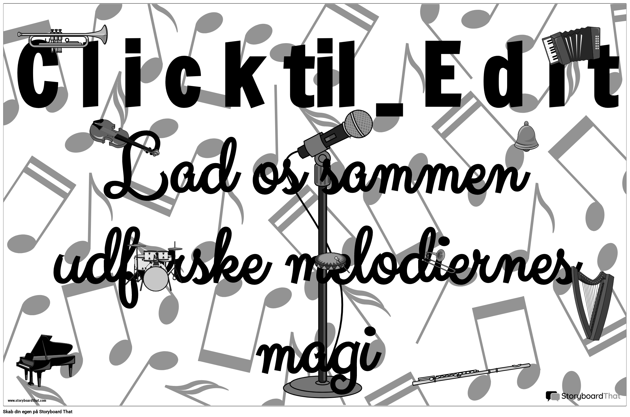 Velkomstplakat med musiknoter Design B&W Storyboard