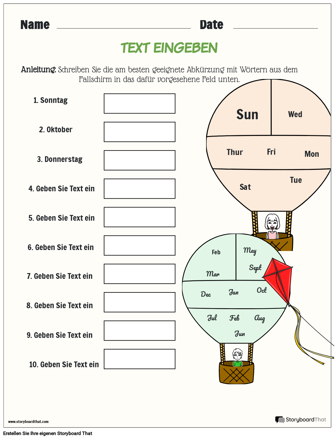Arbeitsblatt „Abkürzungen für Tage und Monate“.