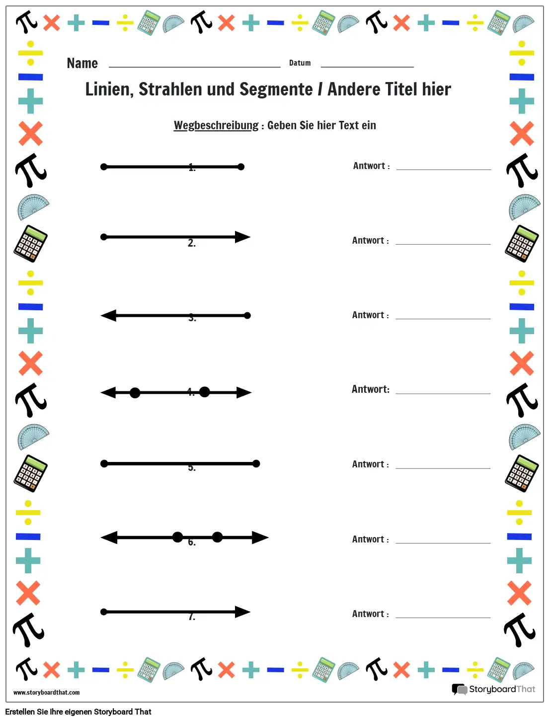 Arbeitsblatt „Linien und Strahlen“ zum Thema Mathematik