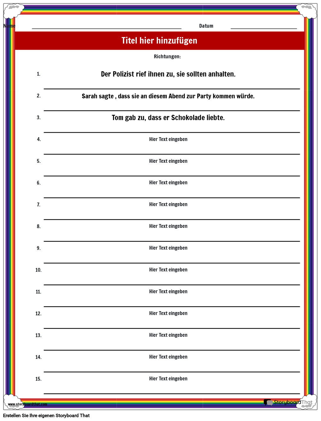 Arbeitsblatt „Sätze mit Zitaten umschreiben“.