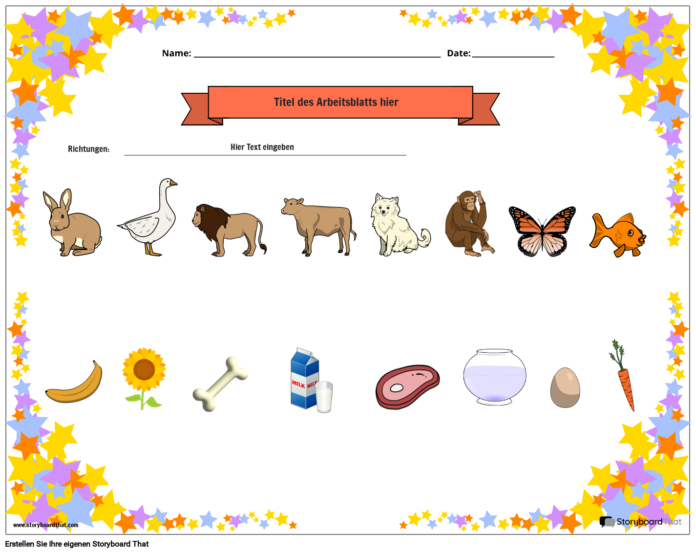 Arbeitsblatt „Tiere und Lebensmittel zuordnen“.