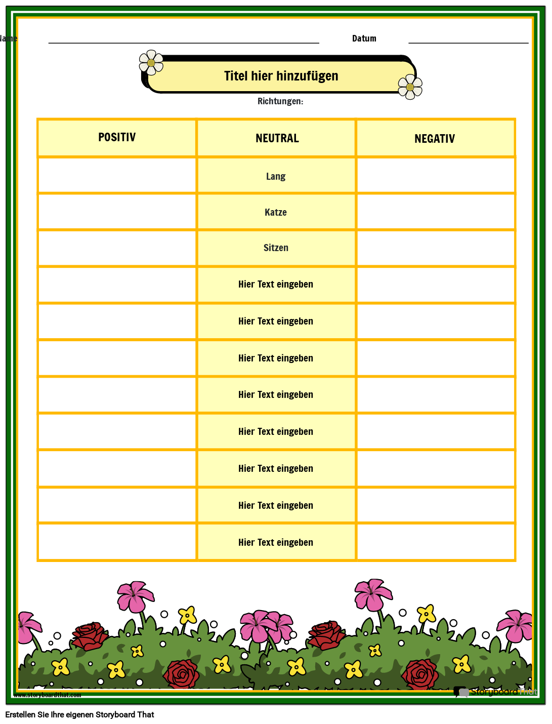 Arbeitsblatt „Ton mit Worten erzeugen“. Storyboard