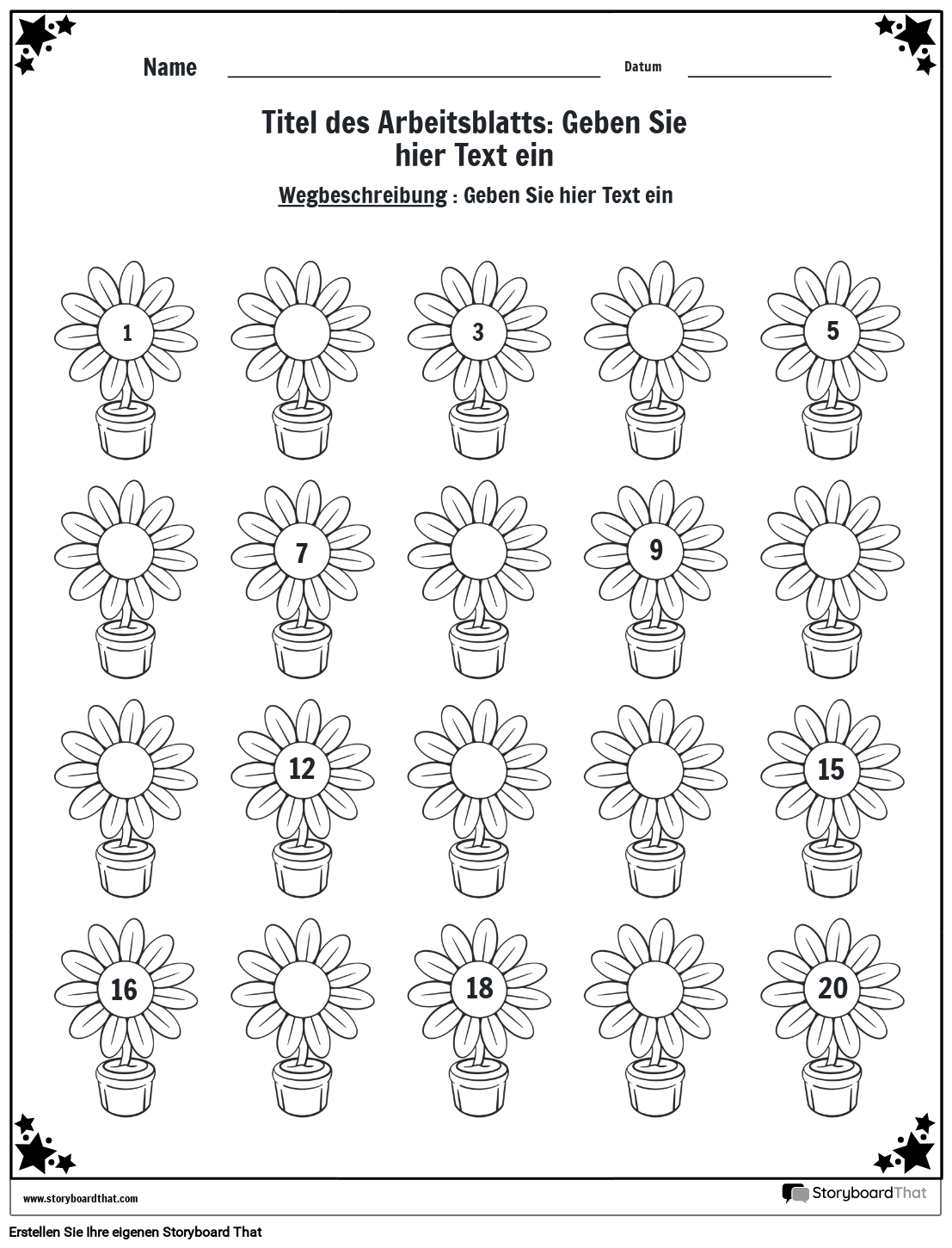 Arbeitsblatt für fehlende Zahlen mit Blumen (schwarz und weiß)