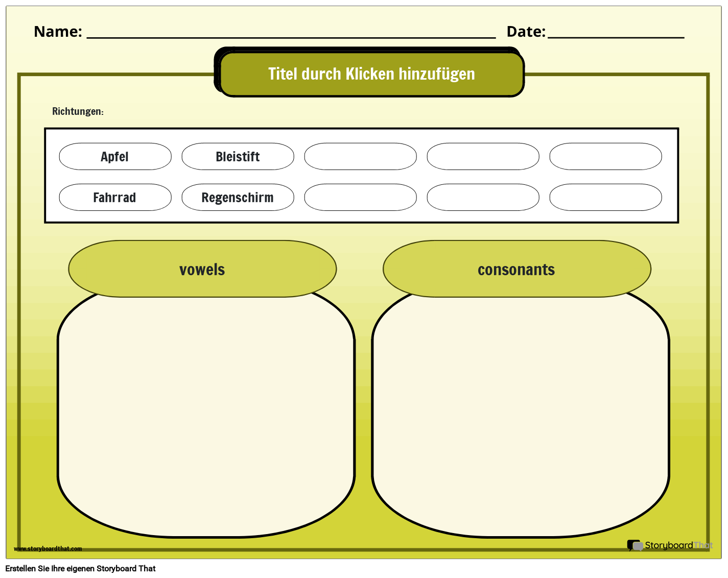 Arbeitsblatt zum Klassifizieren von Wörtern, die mit Vokalen oder Konsonant
