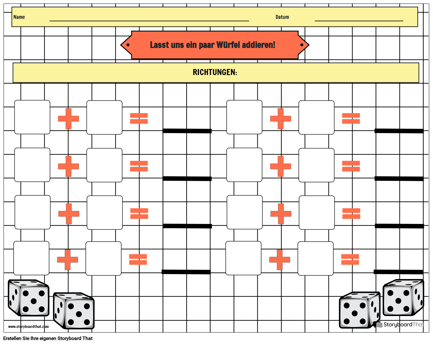 Arbeitsblatt zum Mathe-Würfelspiel Storyboard von de-examples