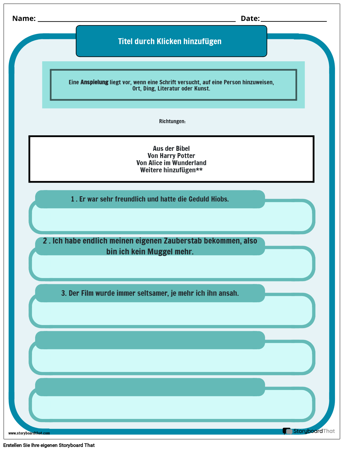 Beispiel und Definition – Anspielungsarbeitsblatt