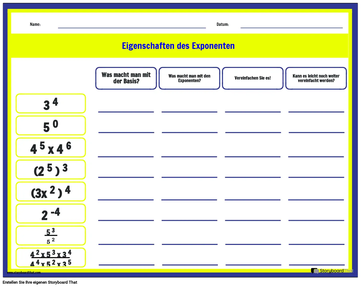 Eigenschaften des Exponenten-Übungsarbeitsblatts