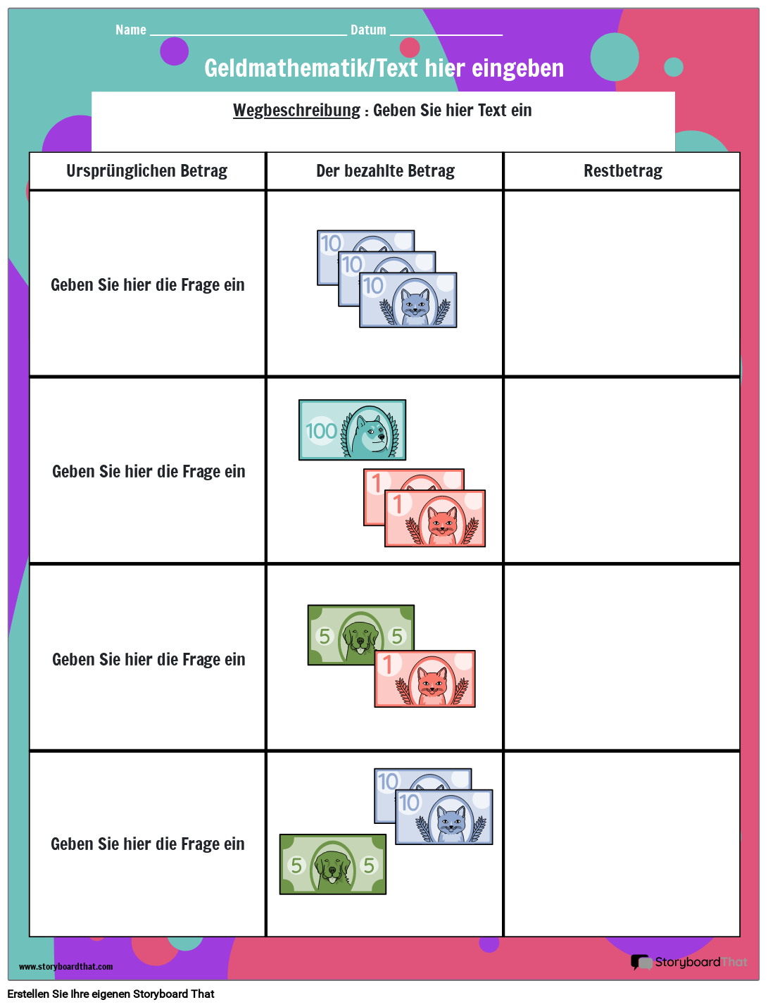 Geldarbeitsblatt Mit Buntem Hintergrund Storyboard geldarbeitsblatt-mit-buntem-hintergrund-storyboard