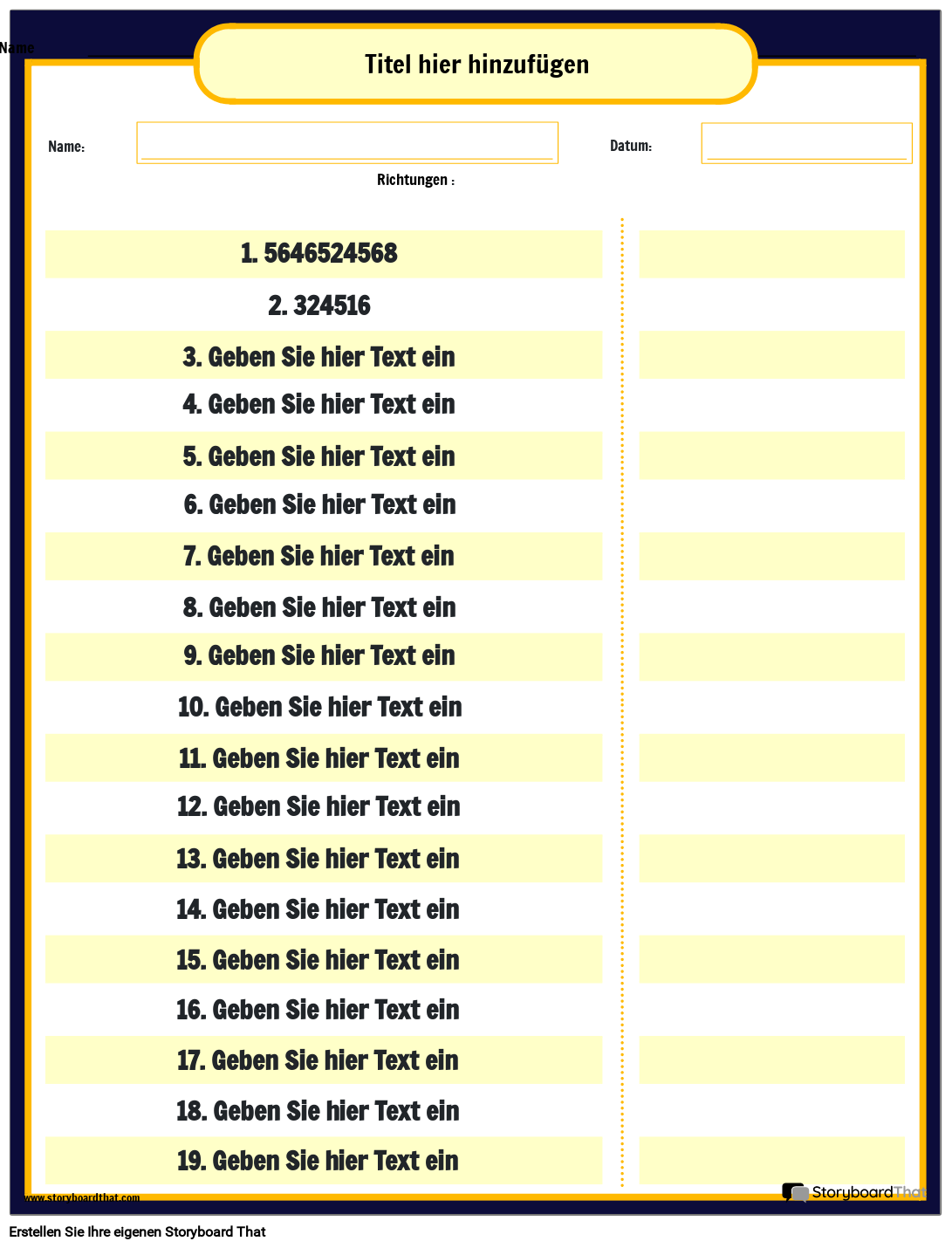 Kommas im Zahlenarbeitsblatt Platzieren Storyboard