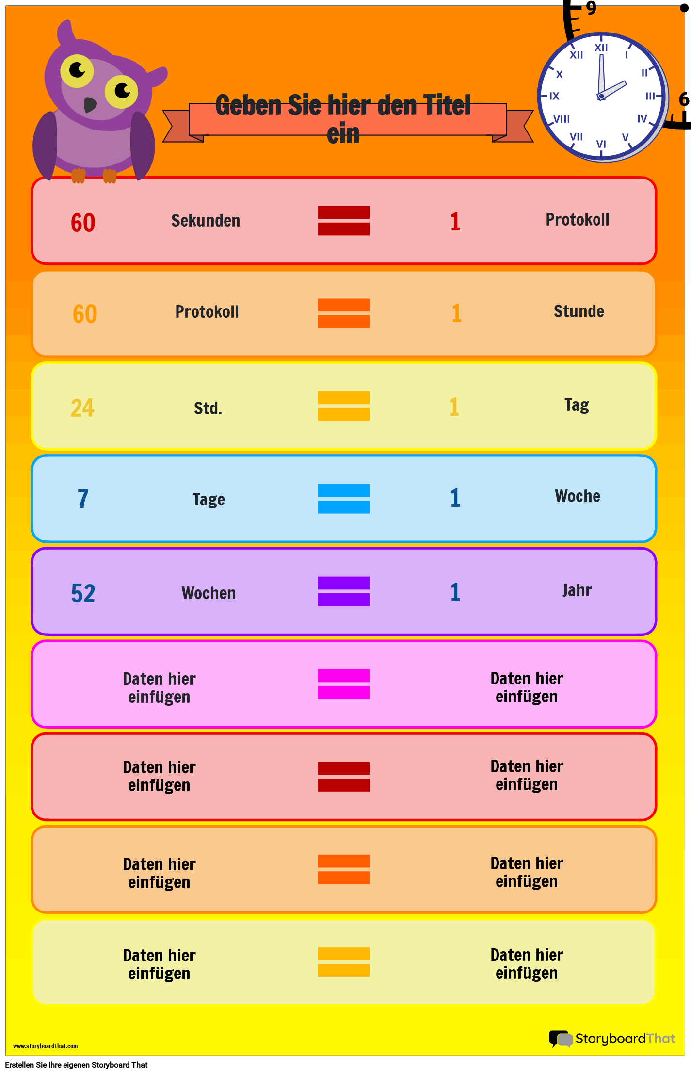 Maßeinheiten-Poster mit Eulenmotiv – Zeit Storyboard