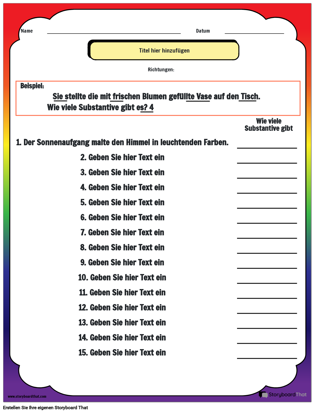Nomen in Einem Satzarbeitsblatt Zählen Storyboard