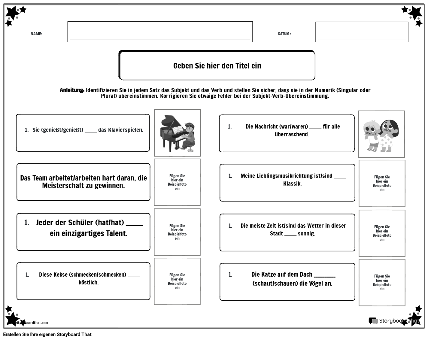 Subjekt-Verb-Vereinbarung – Grammatik-Arbeitsblatt mit Bildern – BW