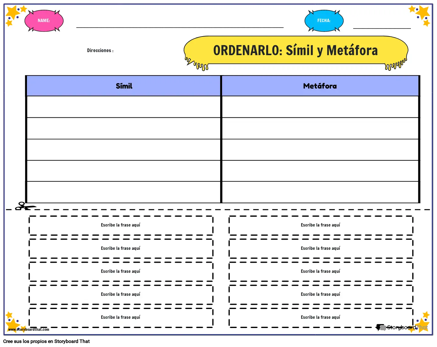 Actividad de Clasificación Símil y Metáfora Storyboard
