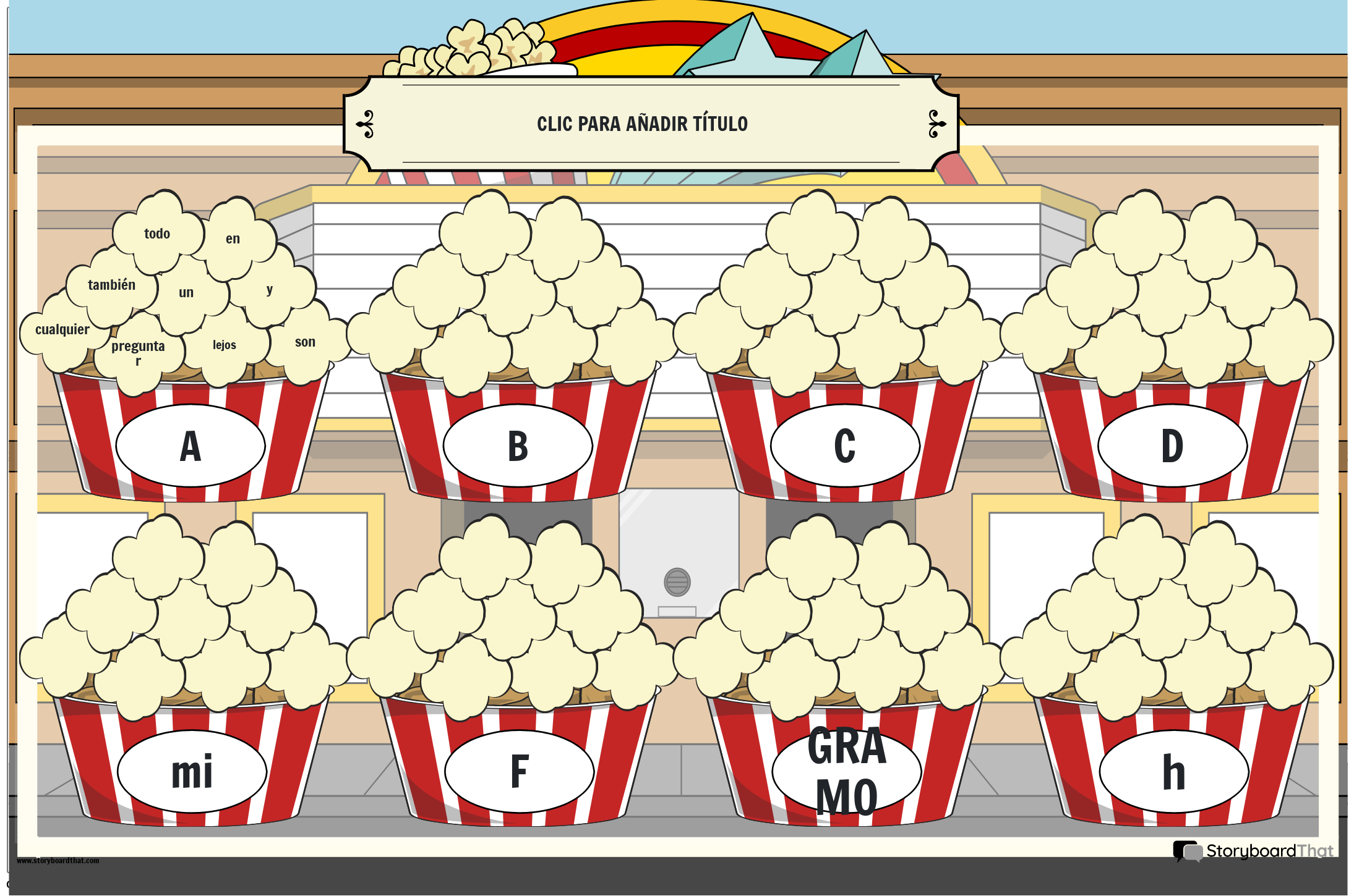 CARTEL DE PALABRAS A LA VISTA AH CON TEMÁTICA DE PALOMITAS DE MAÍZ