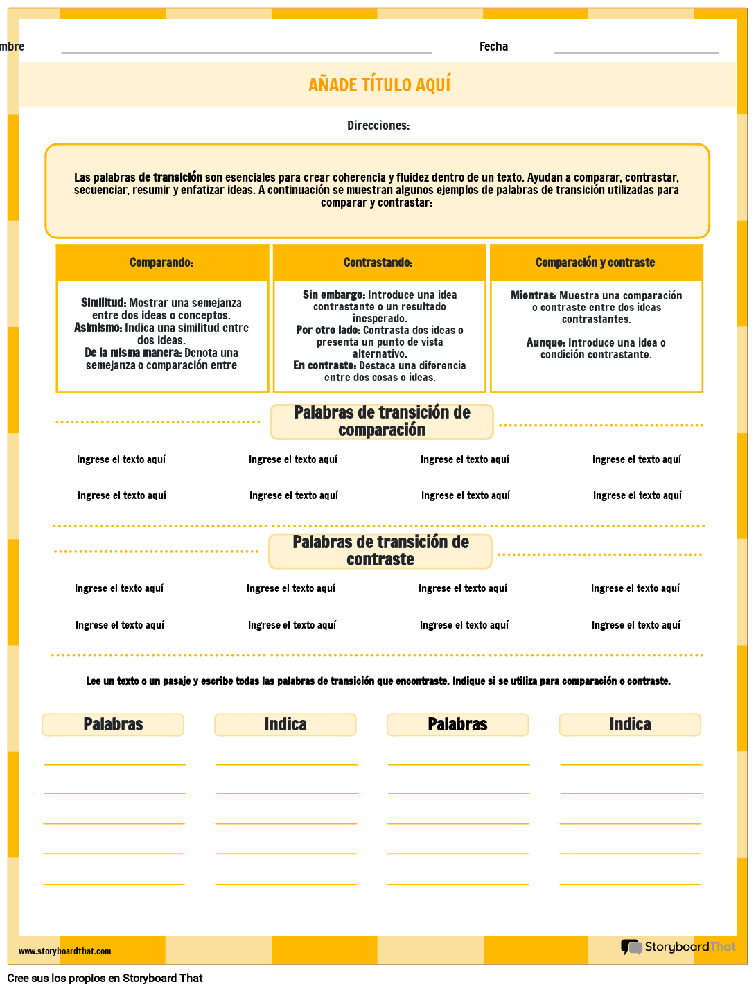 Hoja De Trabajo De Palabras De Transición