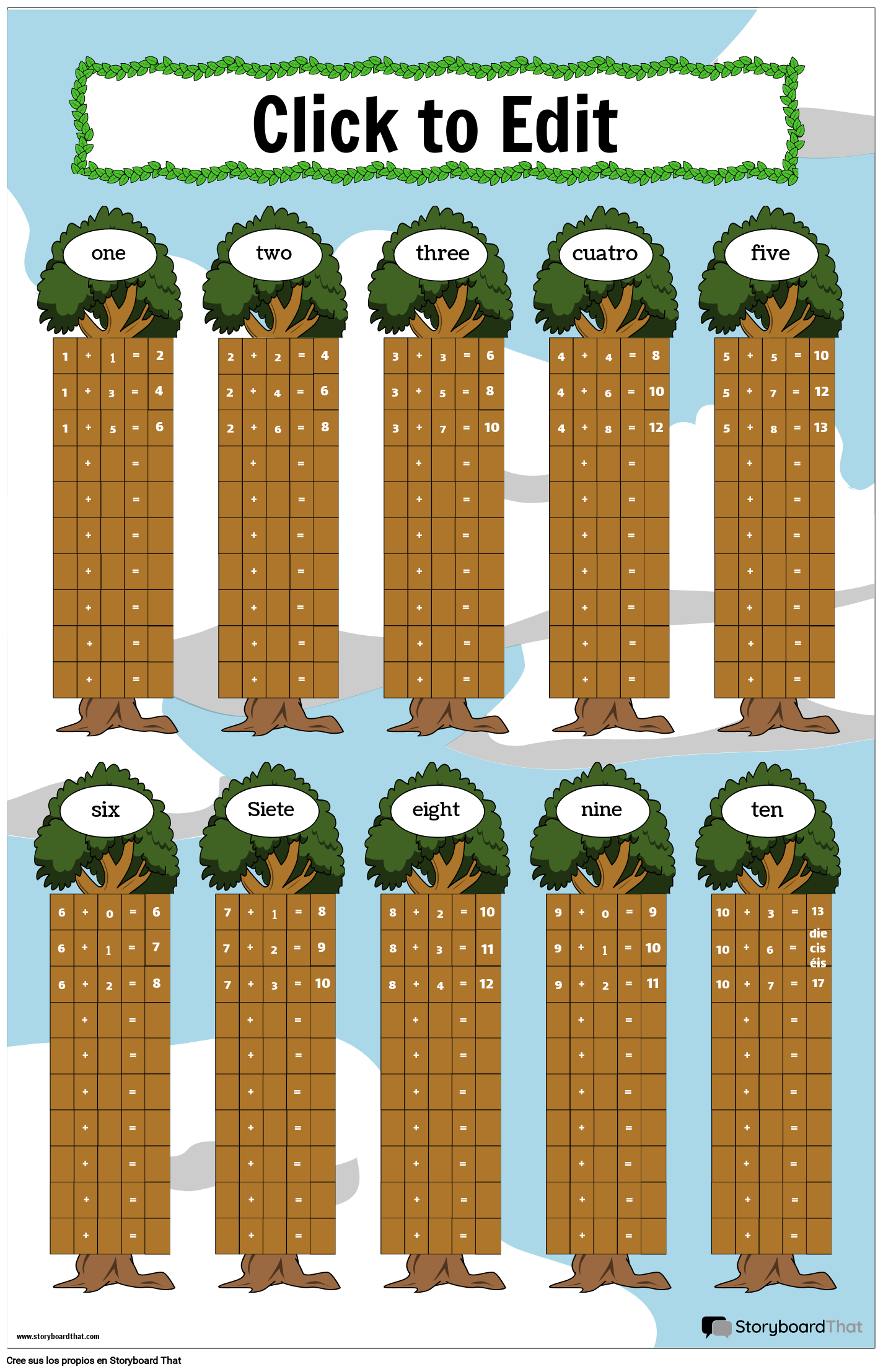 Ejemplo de un Póster de Tablas de Suma Diseñado en Forma de Árbol