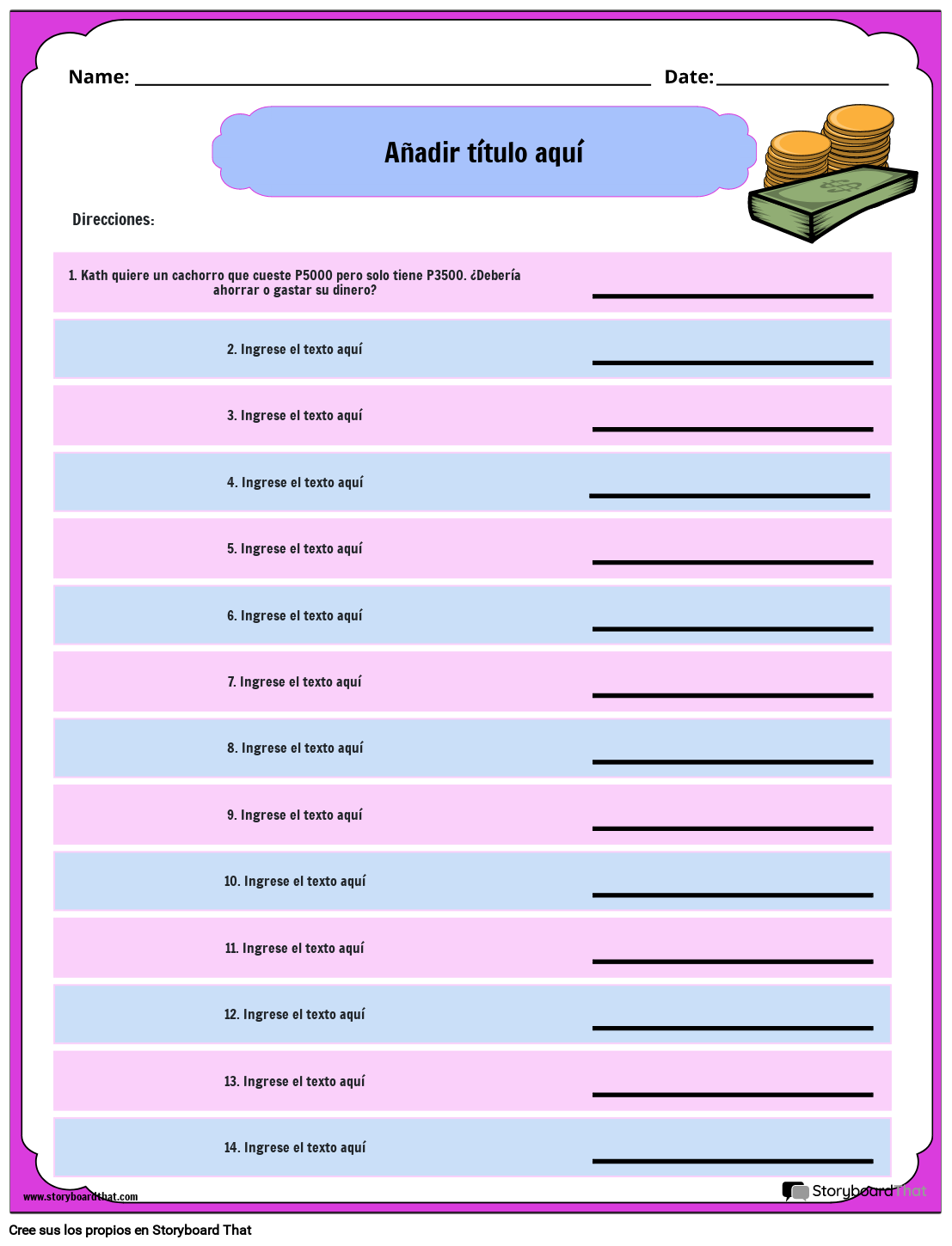 Gastar y Ahorrar Dinero - Hoja de Trabajo de Economía