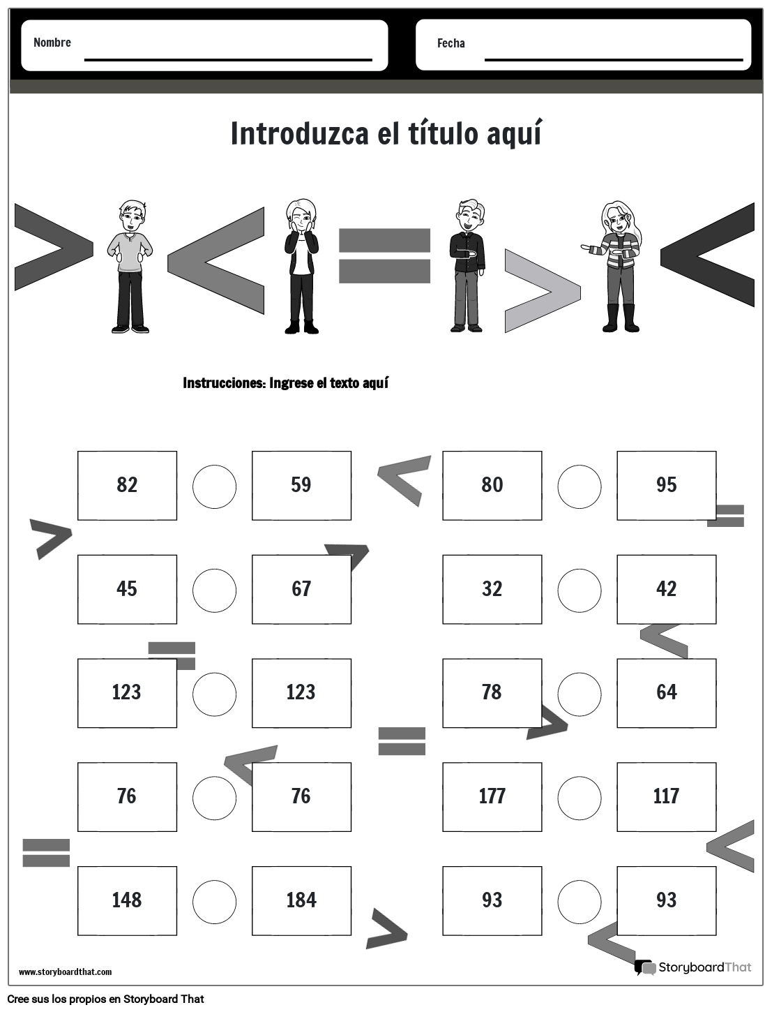 Hoja de cálculo de comparación de números con signos en blanco y negro list