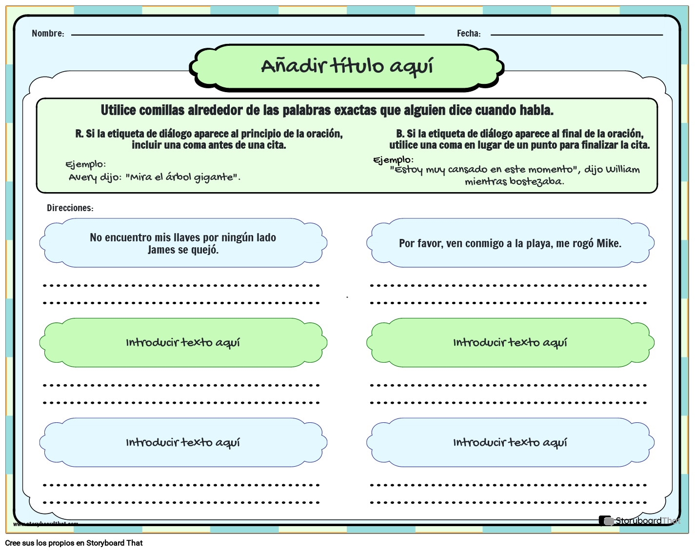 Hoja de Trabajo de Comas en el Diálogo Storyboard