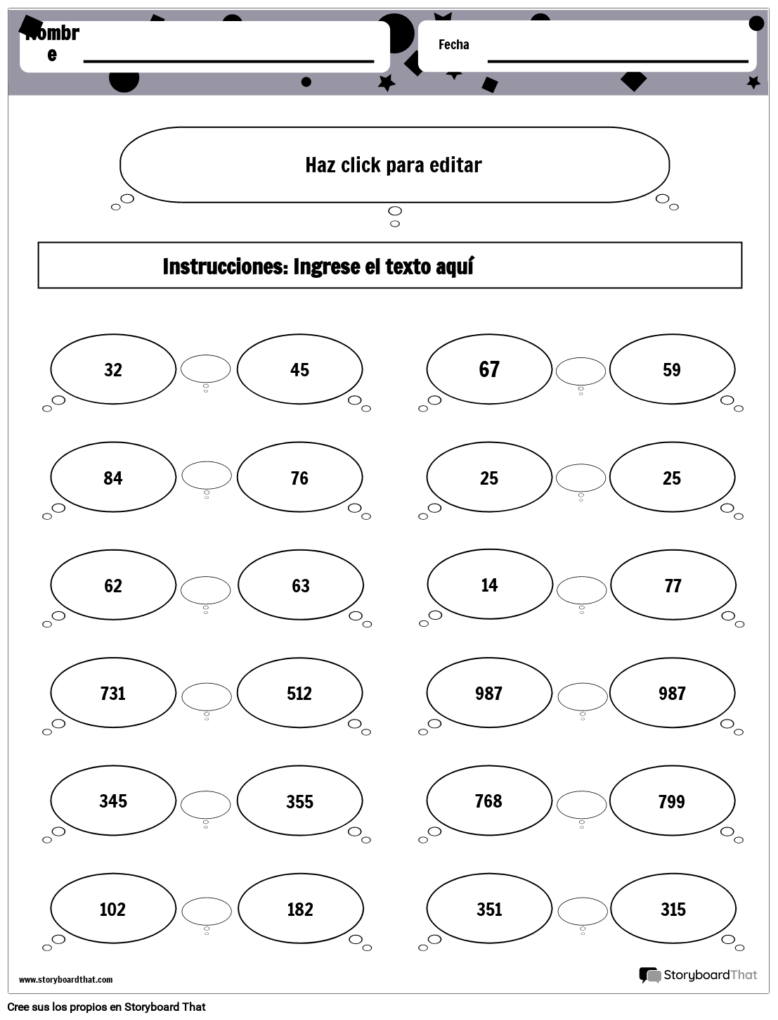 Hoja de trabajo de comparación de números con burbujas en blanco y negro Hoja de trabajo de comparación de números con burbujas en blanco y negro