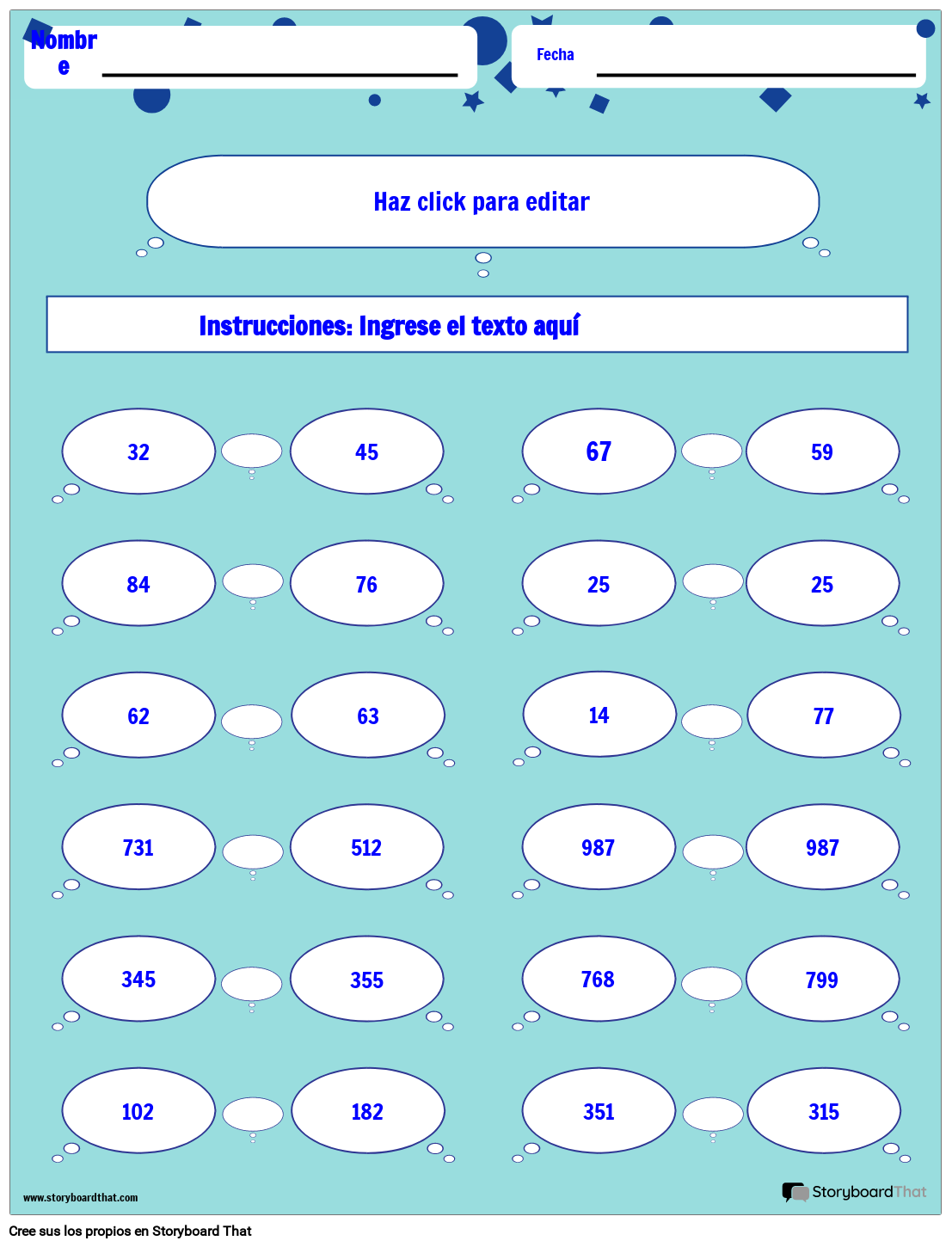 Hoja de trabajo de comparar números con burbujas