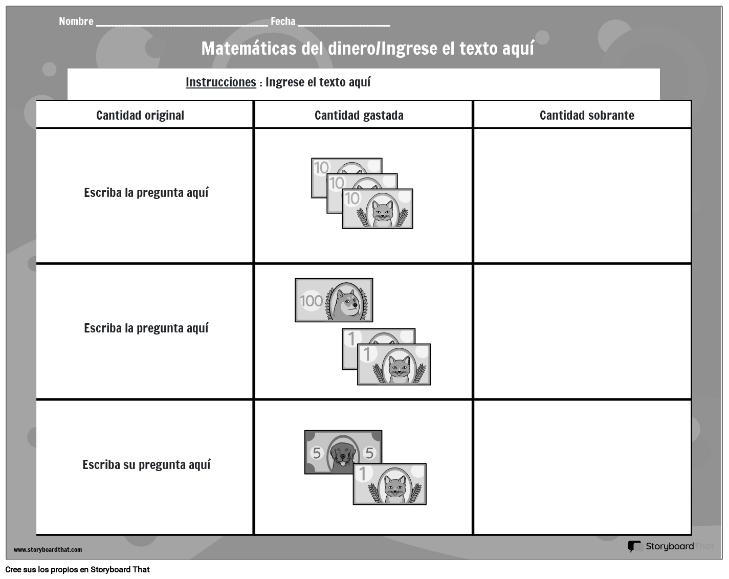Hoja de trabajo de dinero con fondo divertido BW