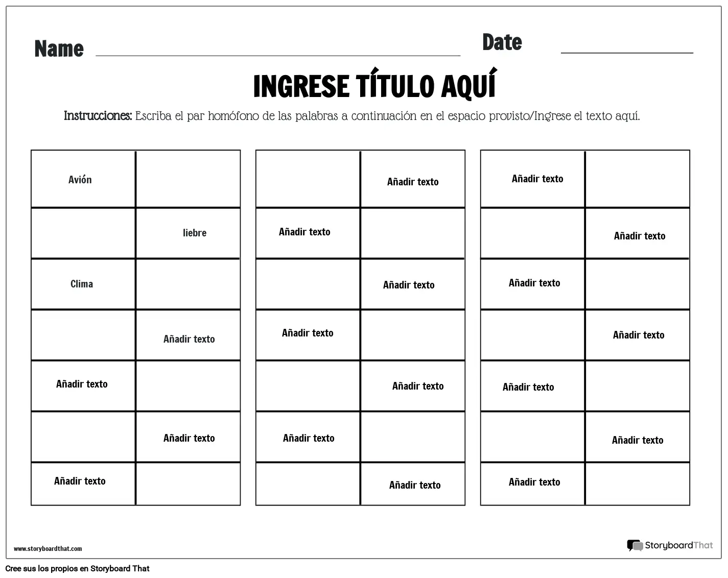 Hoja de trabajo de ejercicios homófonos Storyboard