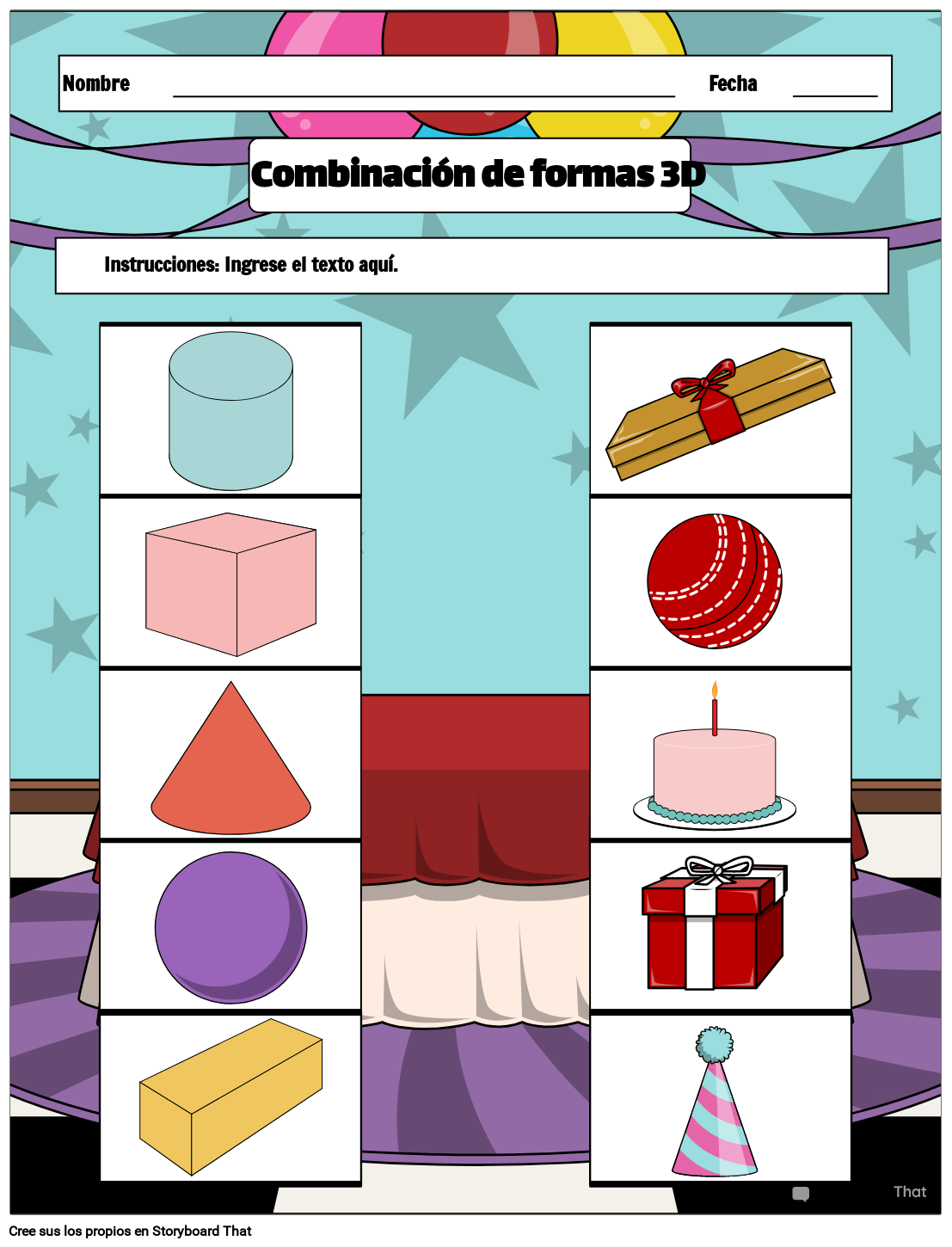 Hoja de Trabajo de Formas 3D con Temática de Cumpleaños