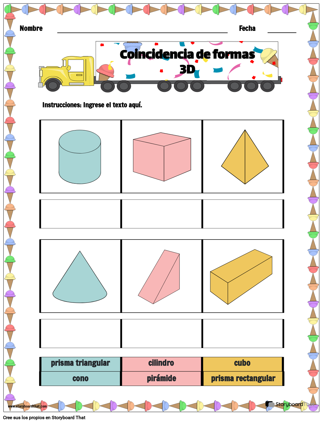 Hoja de Trabajo de Formas 3D de Helado Storyboard