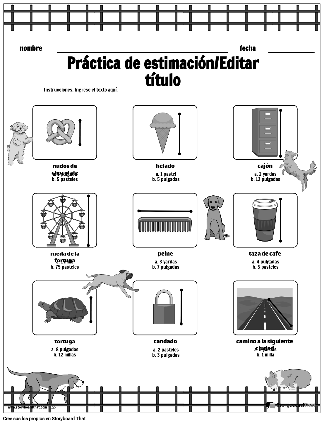 Hoja de Trabajo de Medidas de EE. UU. con Temática de Perros en Blanco y Ne