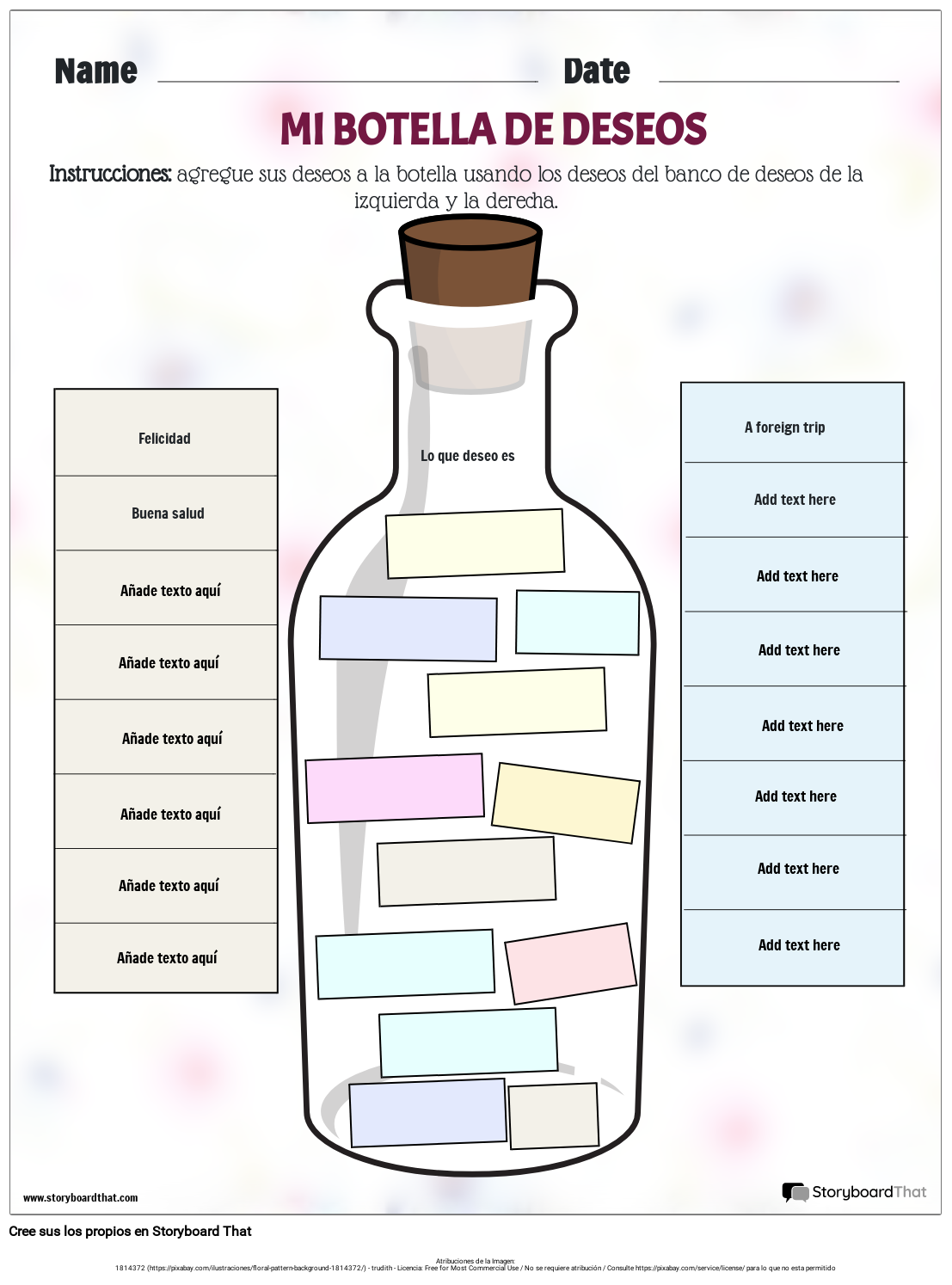Hoja de trabajo de mi botella de deseos Storyboard