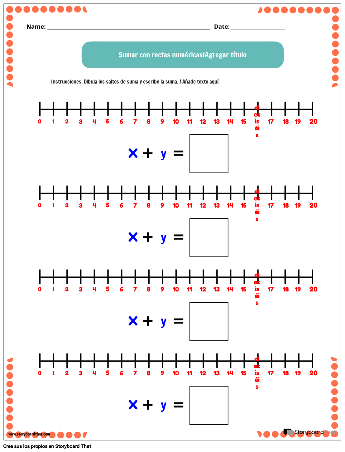 Hoja de trabajo de suma de rectas numéricas con borde de lunares