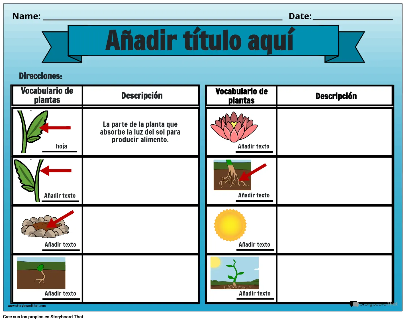 Hoja de trabajo de tarjetas de vocabulario de plantas (intermedio)